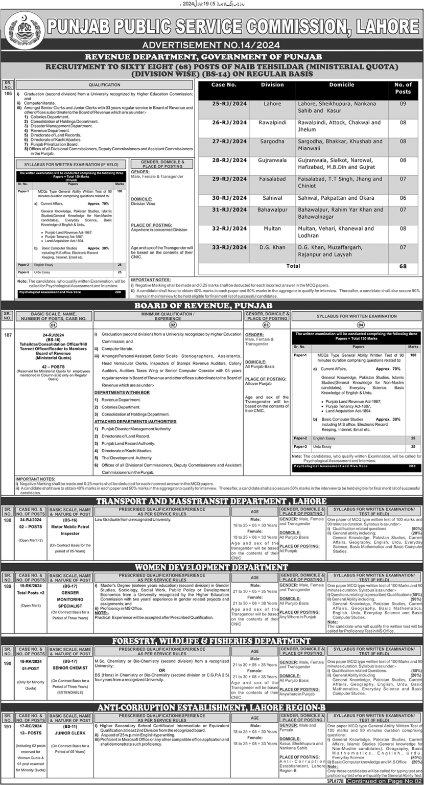 PPSC Jobs of Tehsildar and Others Advertisement 14 Apply Online 2024 ...